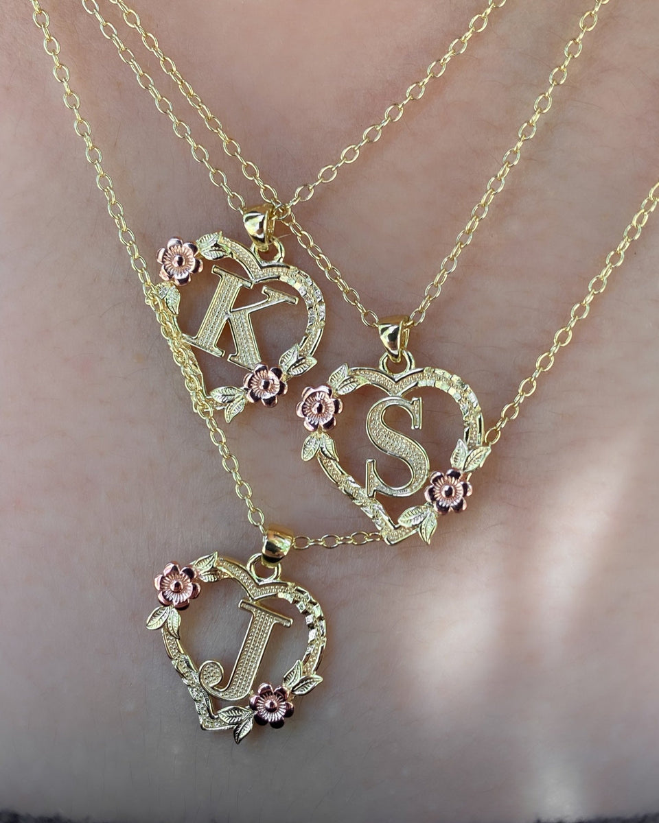 14KT Gold Over Silver Floral Heart Initial Necklace – La Rosa Brand